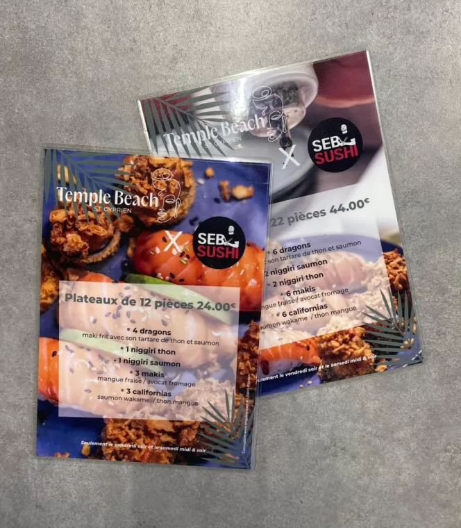 Réalisation de menu pour le club de plage Temple Beach à Saint-Cyprien | Impulse Communication